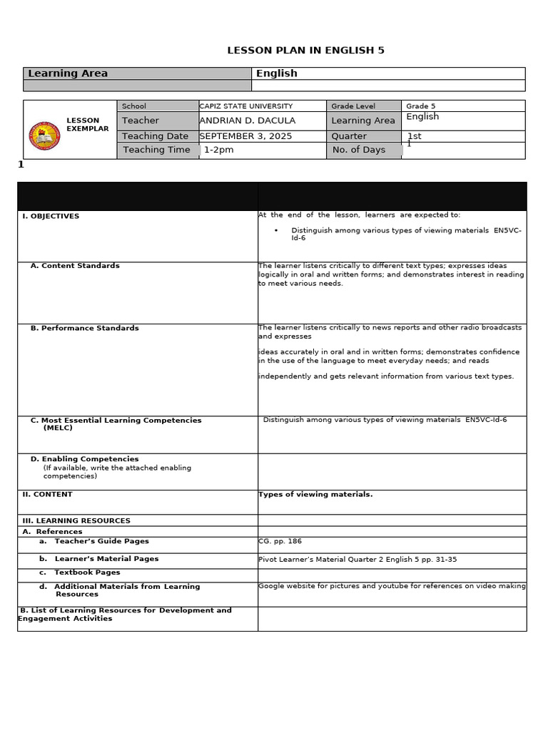 Lesson Exemplars in English 5 | PDF | Learning | Human Communication
