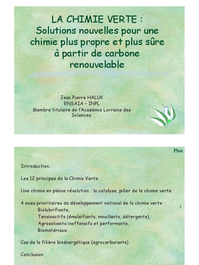 LA CHIMIE VERTE - Solutions Pour Une Chimie Plus Propre Et Plus Sure À ...