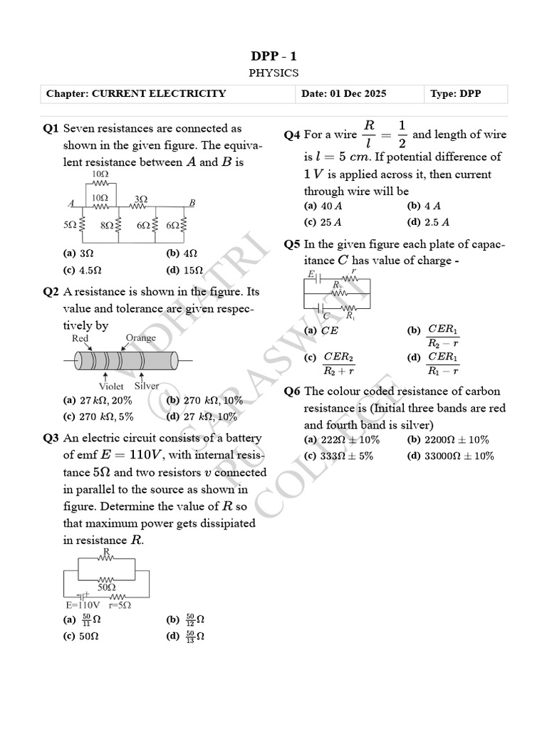 Current Electricity DPP for Physics | PDF | Electromagnetism | Electricity