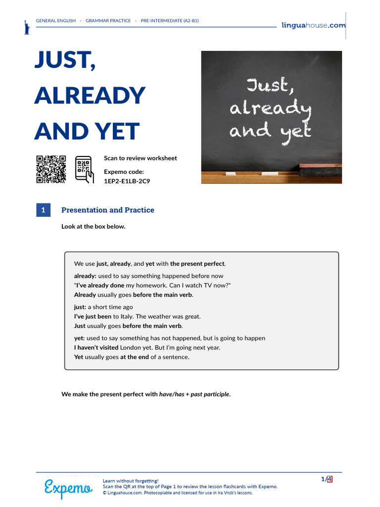 Just Already and Yet American English Teacher A2 B1 | PDF