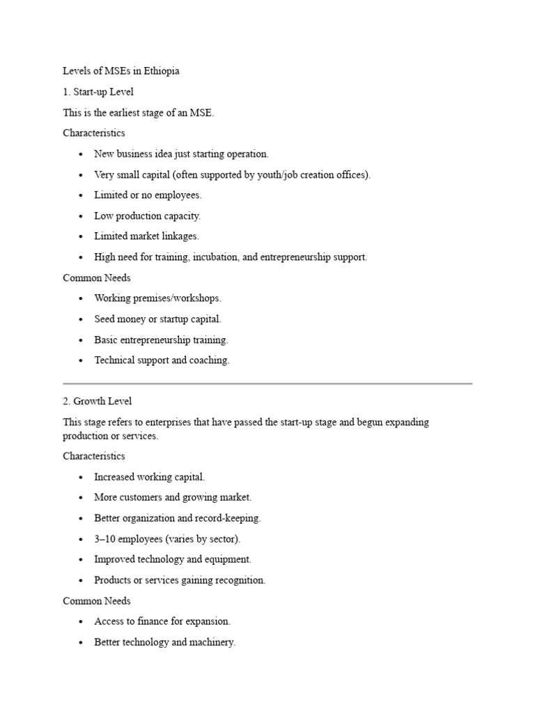 Levels of MSEs in Ethiopia | PDF | Startup Company | Small Business & Entrepreneurs