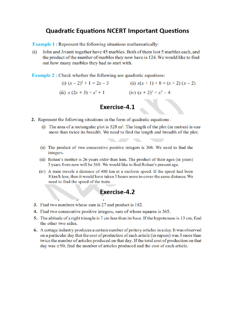 4.quadratic Equations NCERT Important Questions | PDF