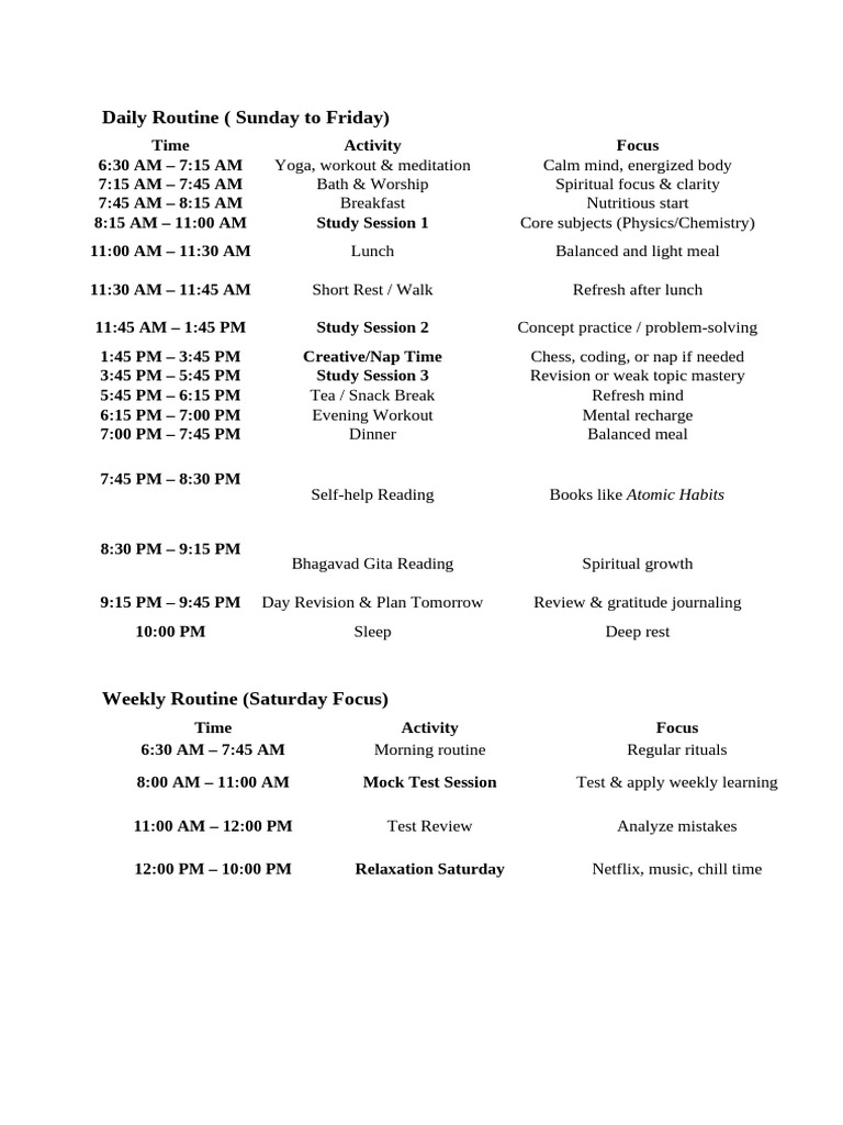 Structured Daily and Weekly Routine Guide | PDF
