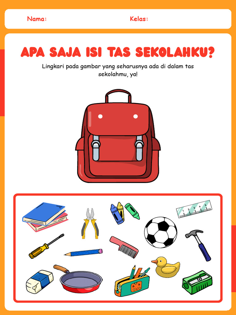 Lembar Kerja Isi Tas Sekolahku Ilustrasi Warna-Warni | PDF