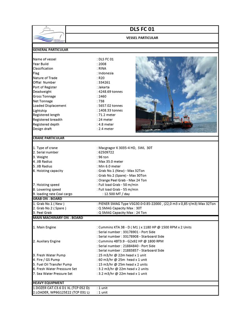 DLS FC 01 Vessel Specifications | PDF | Ton | Crane (Machine)