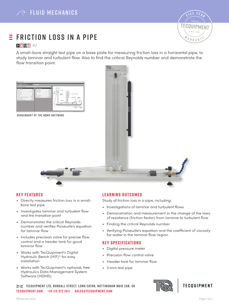 Friction Loss Measurement in Pipes | PDF | Reynolds Number | Pressure ...