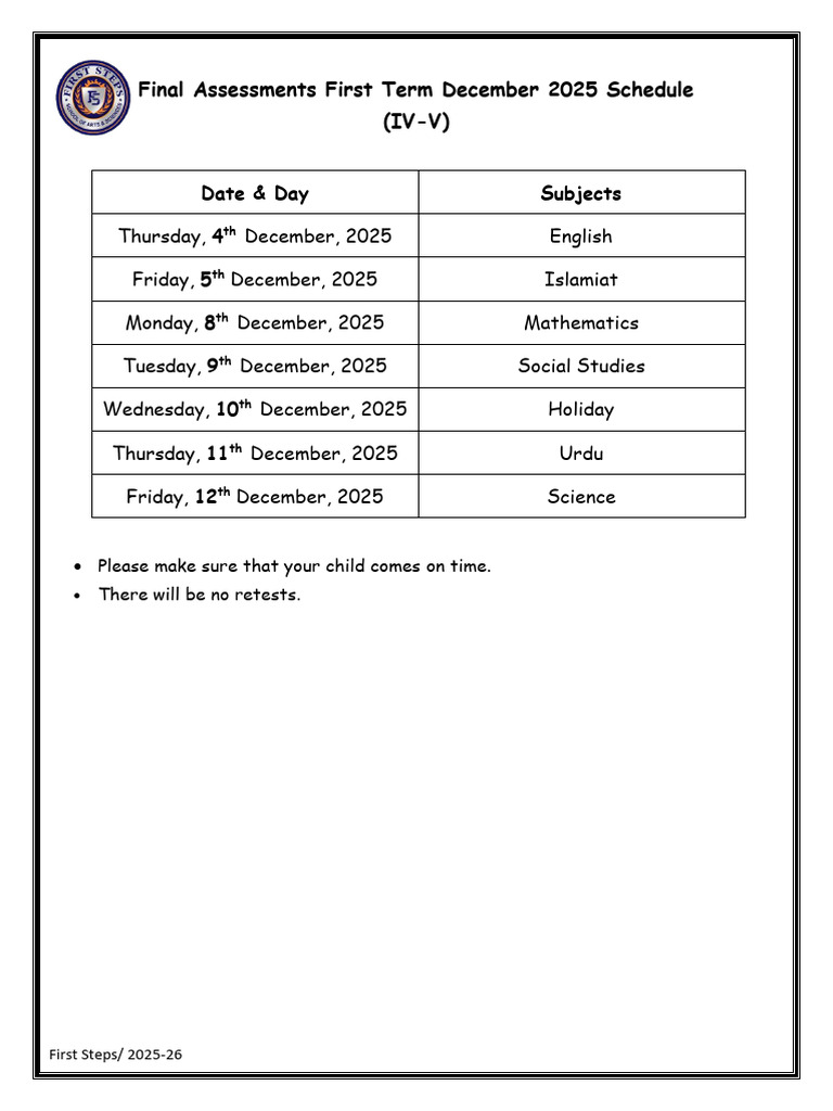 Grade 4 5 Final Assessment Dec Datesheet 2025 | PDF