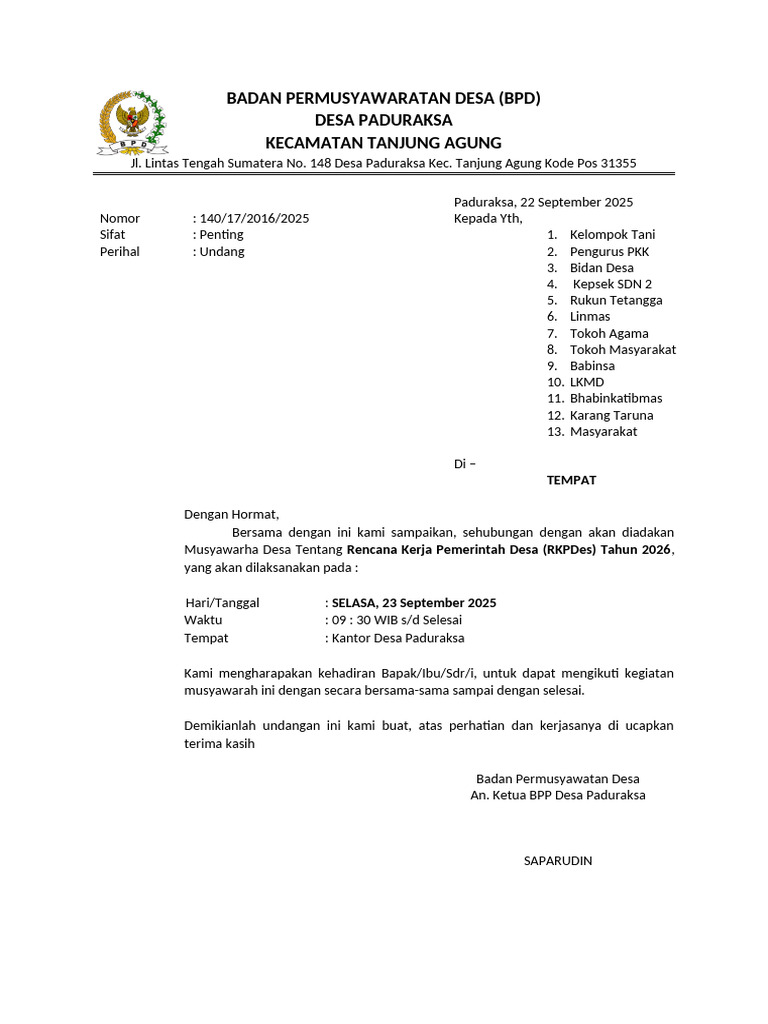 Undangan Musyawarak BPD | PDF