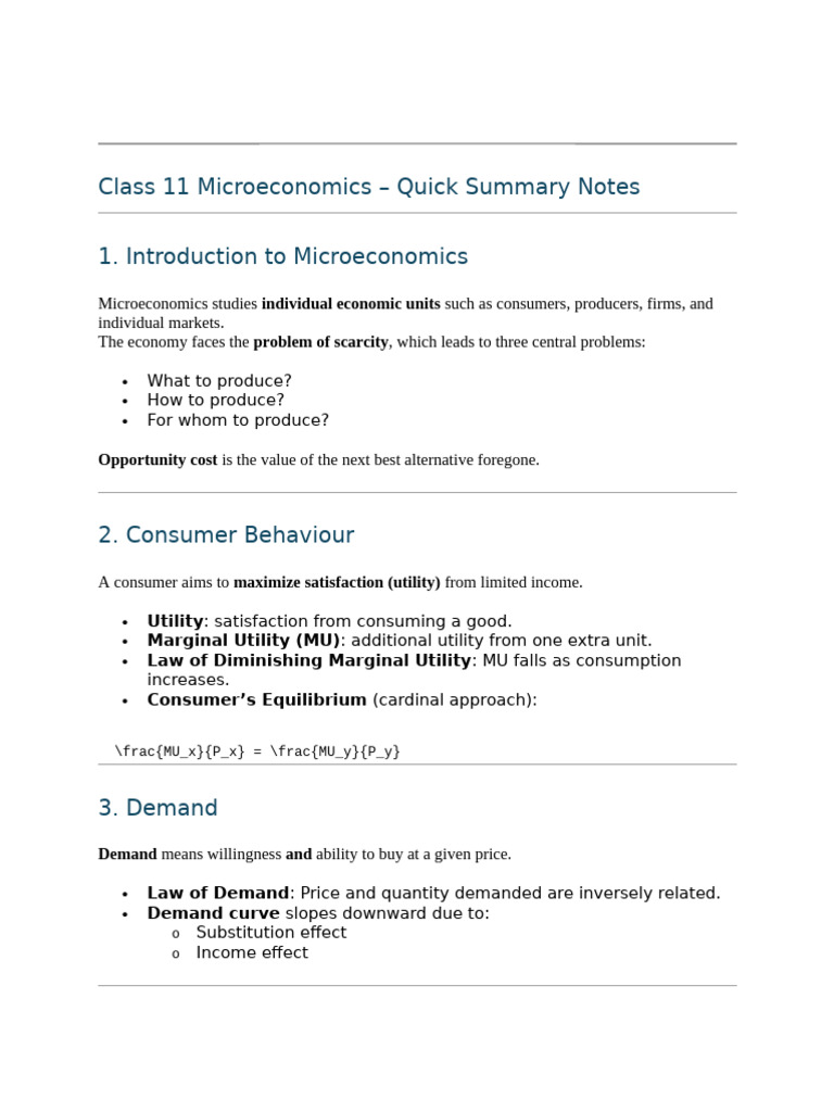 Crisp Notes of Microeconomics Class 11 | PDF | Demand | Microeconomics