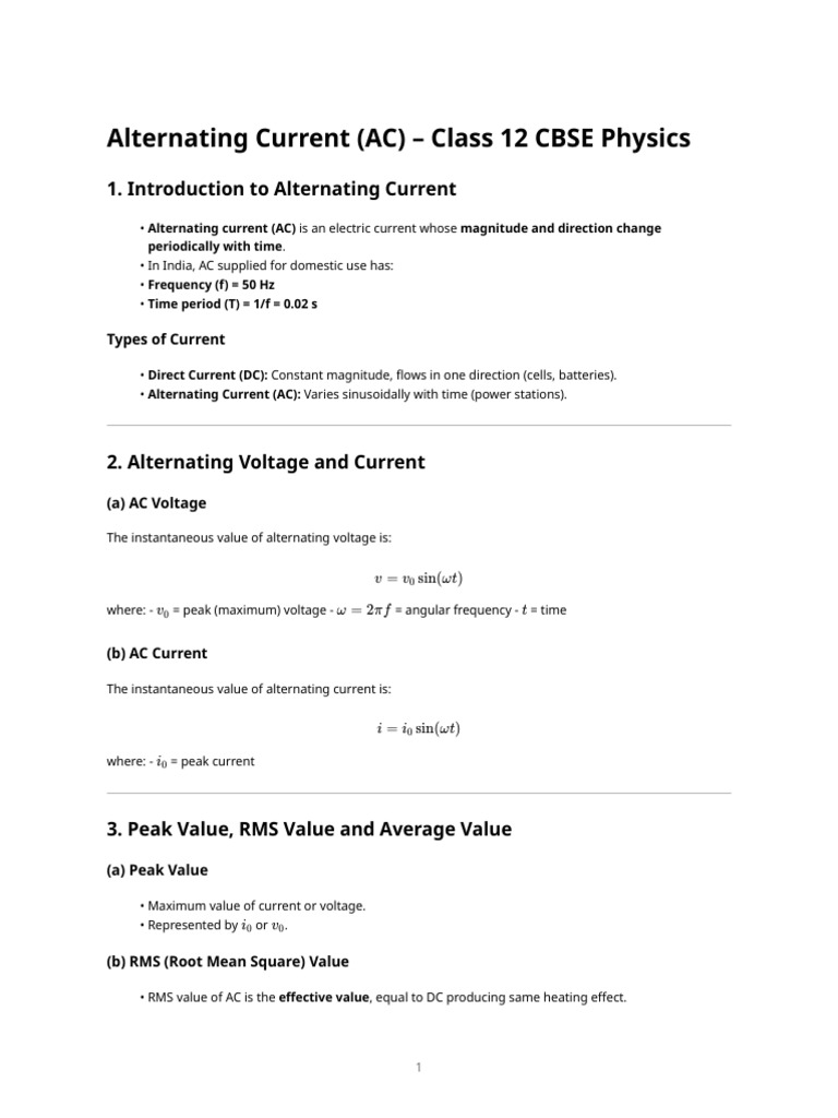 Class 12 Physics – Alternating Current (Detailed Notes) | PDF ...