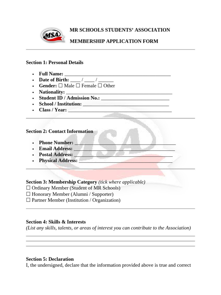 MR Schools Membership Application Form | PDF