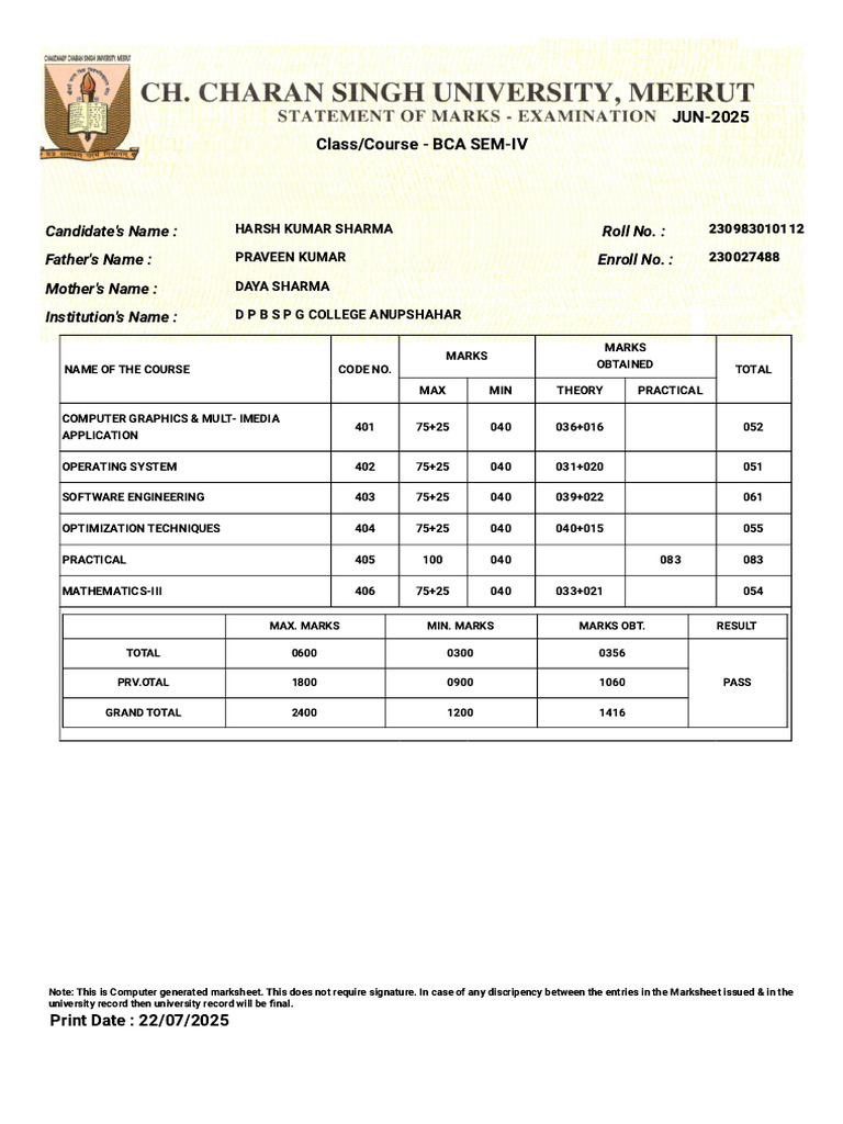 BCA SEM-IV Marksheet June 2025 | PDF