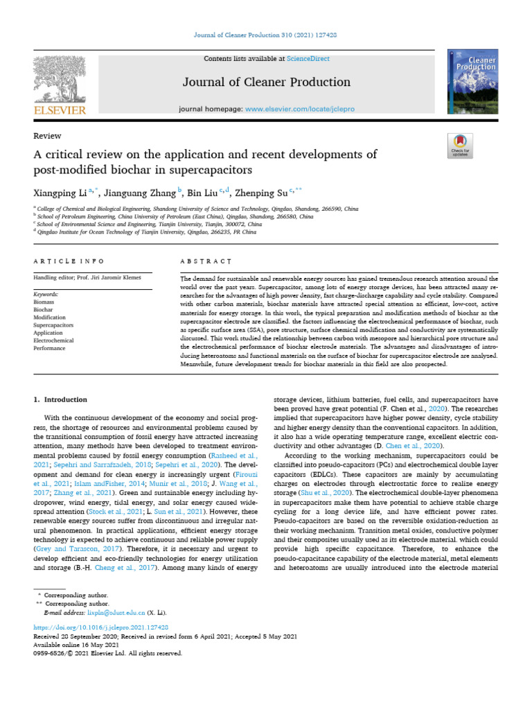 Biochar in Supercapacitors: A Review | PDF | Pyrolysis | Chemistry