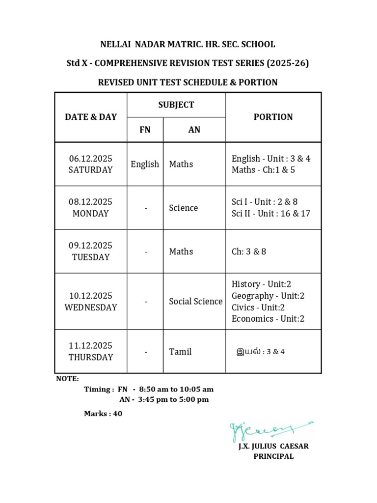 STD X - Revised Unit Test - Schedule & Portion | PDF