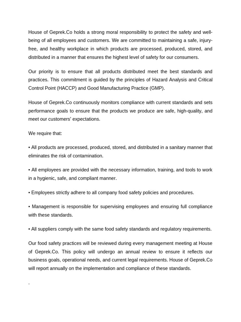 Food Safety Commitment at Geprek.Co | PDF