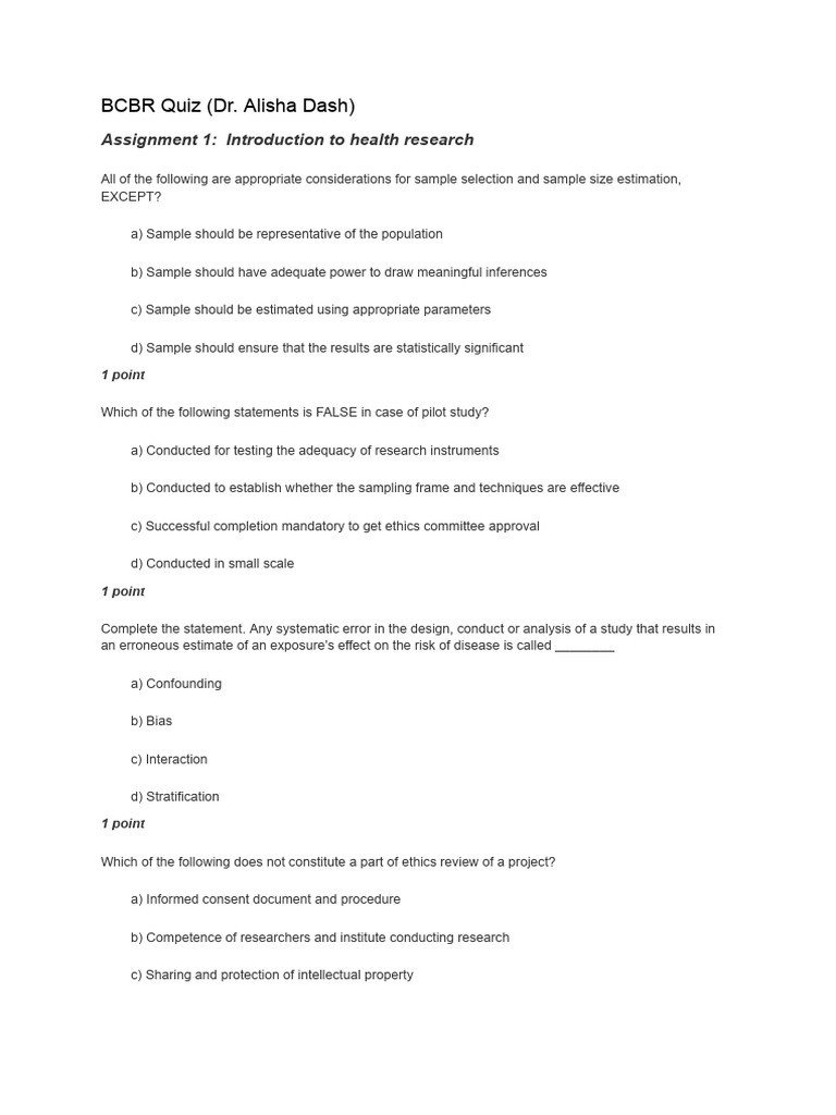 Health Research Quiz and Concepts | PDF | Sampling (Statistics) | Pub Med