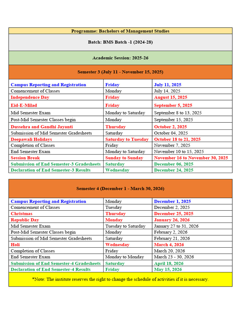 BMS 2024-28 Semester 3 & 4 Schedule | PDF | Academic Term