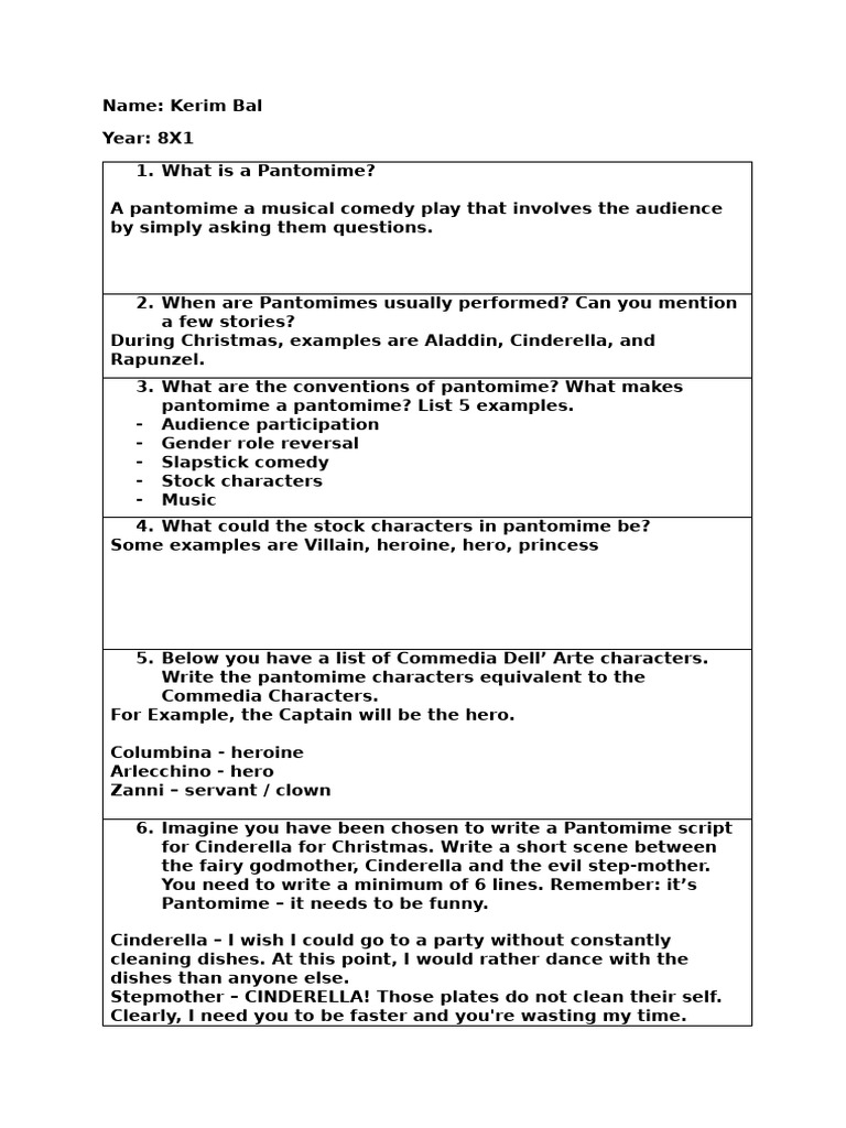 Pantomime: Commedia Dell'Arte Drama Homework - Due 28th Nov - Term2 | PDF
