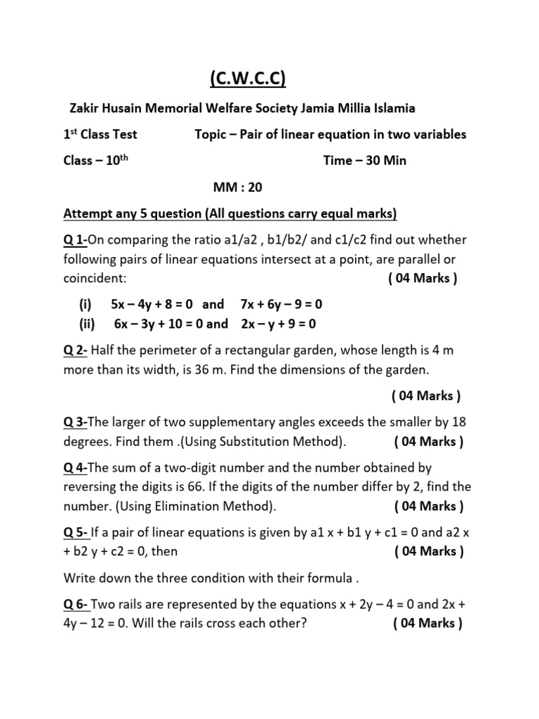 Class 10 Linear Equations Test | PDF
