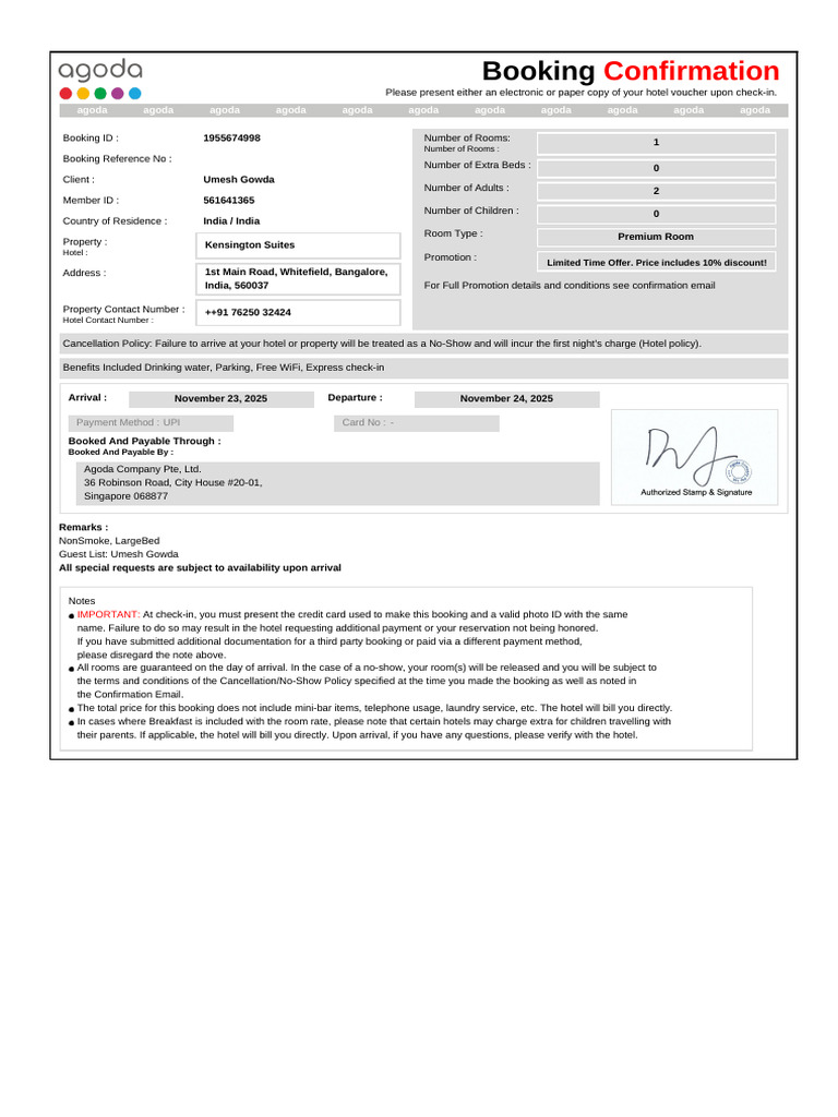 Confirmation For Booking ID # 1955674998 | PDF