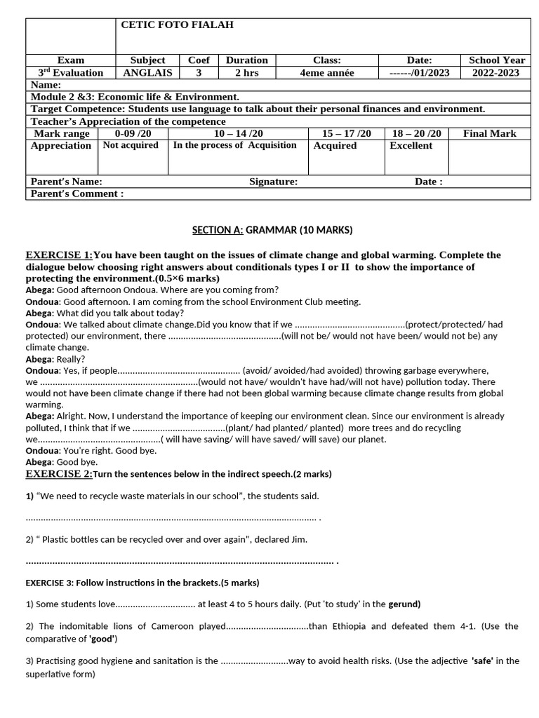 3rd Eval 4 eme année | PDF | Water | Recycling