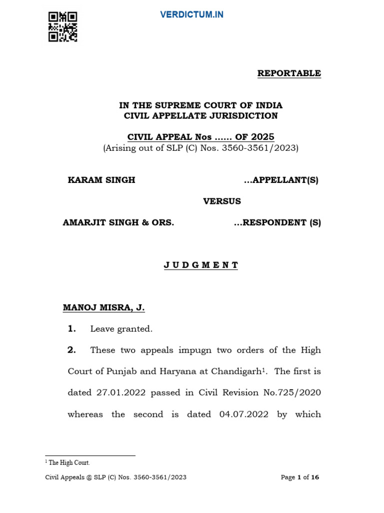 Karam Singh V Amarjit Singh and Others 1749494 | PDF | Lawsuit | Appeal