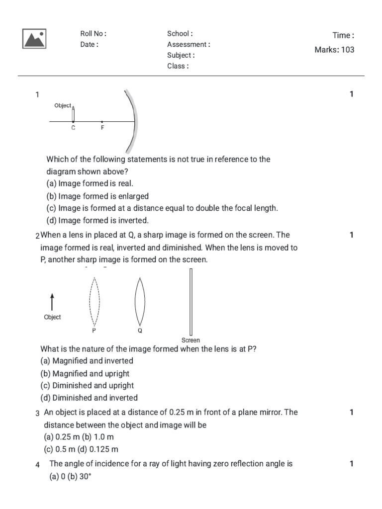 Light Reflection and Image Formation Quiz | PDF | Mirror | Optics