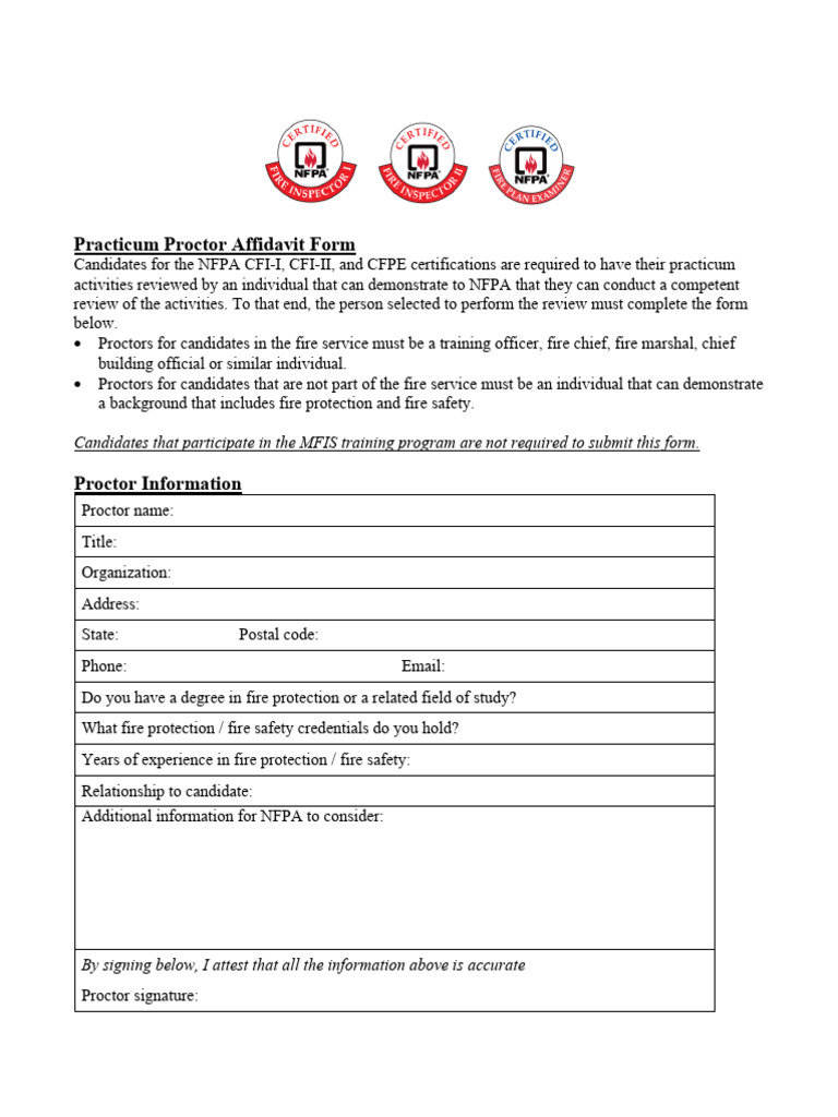 NFPA Practicum Proctor Affidavit Form | PDF