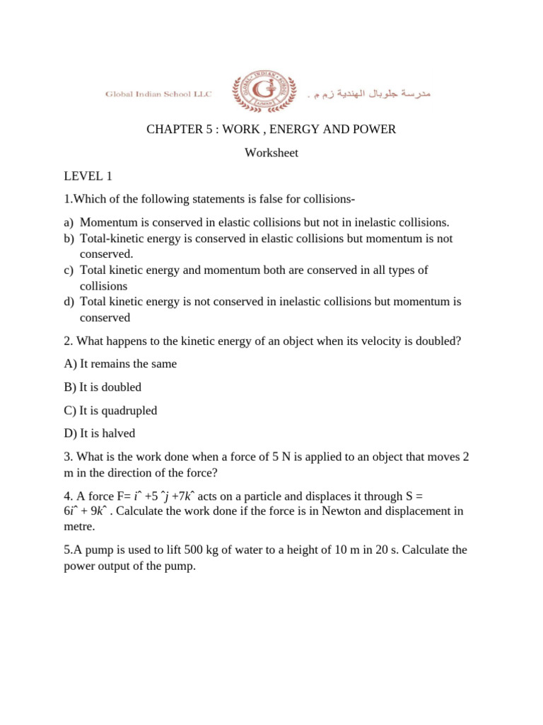 Work, Energy, and Power Worksheet | PDF | Collision | Momentum