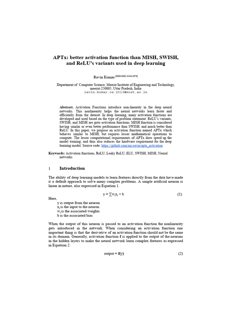 APTx: Better Activation Function Than MISH, SWISH, and ReLU's Variants ...