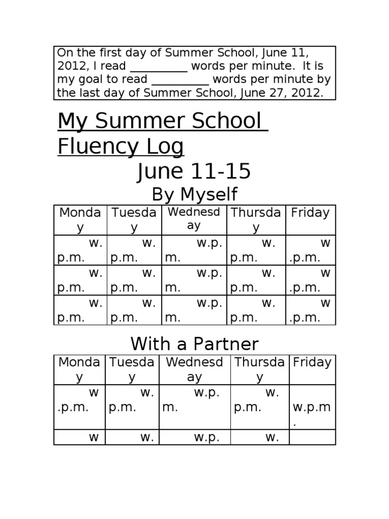 Summer School Reading Fluency Log | PDF | Self-Improvement