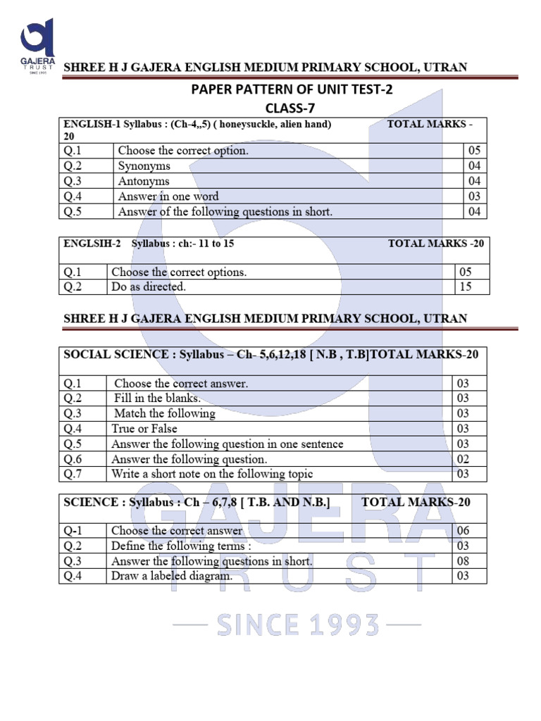 Class - 7 Ut-2 Paper Pattern | PDF | Linguistics