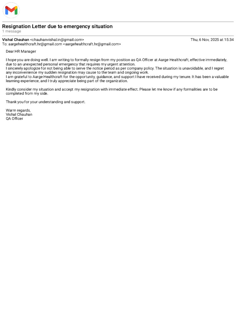 Gmail - Resignation Letter Due To Emergency Situation | PDF