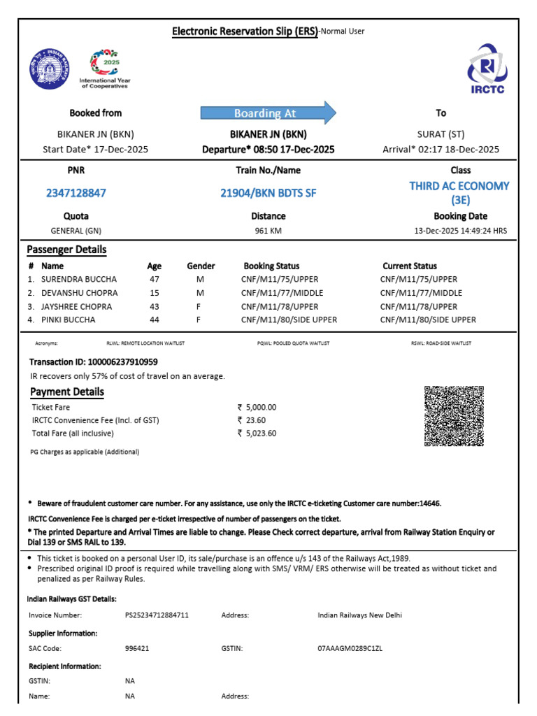 21904/BKN BDTS SF Third Ac Economy (3E) | PDF | Identity Document