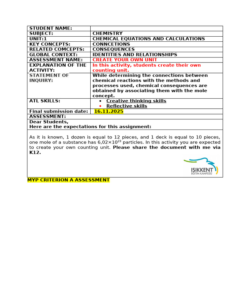 Myp Chemistry Criterion a Homework | PDF | Mole (Unit) | Chemistry