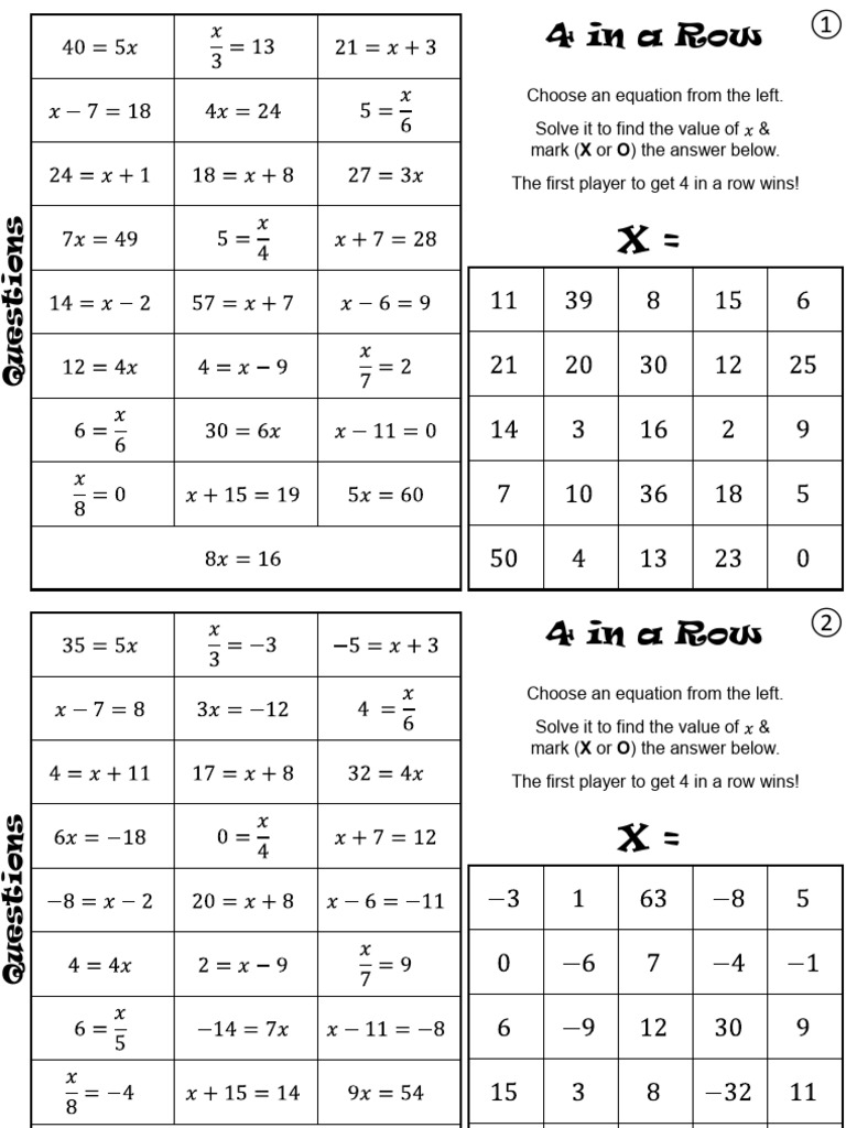 Linear Equations Variable On One Side 1 Step Non Calculator Four in A ...