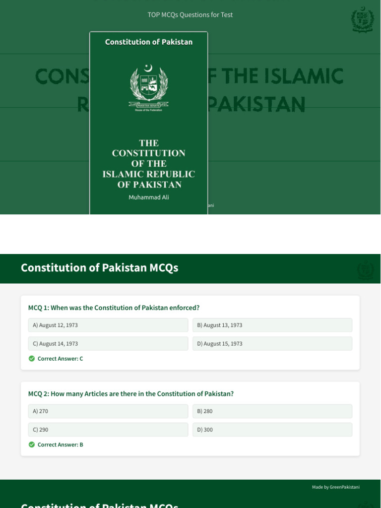 Constitution of Pakistan MCQs Guide | PDF | Parliament Of Pakistan ...