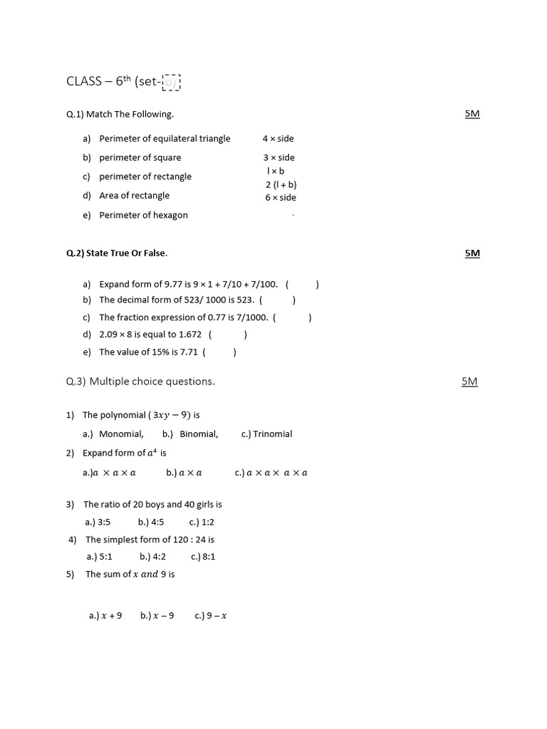 Set A Class 6th Maths Modified | PDF | Area | Mathematics
