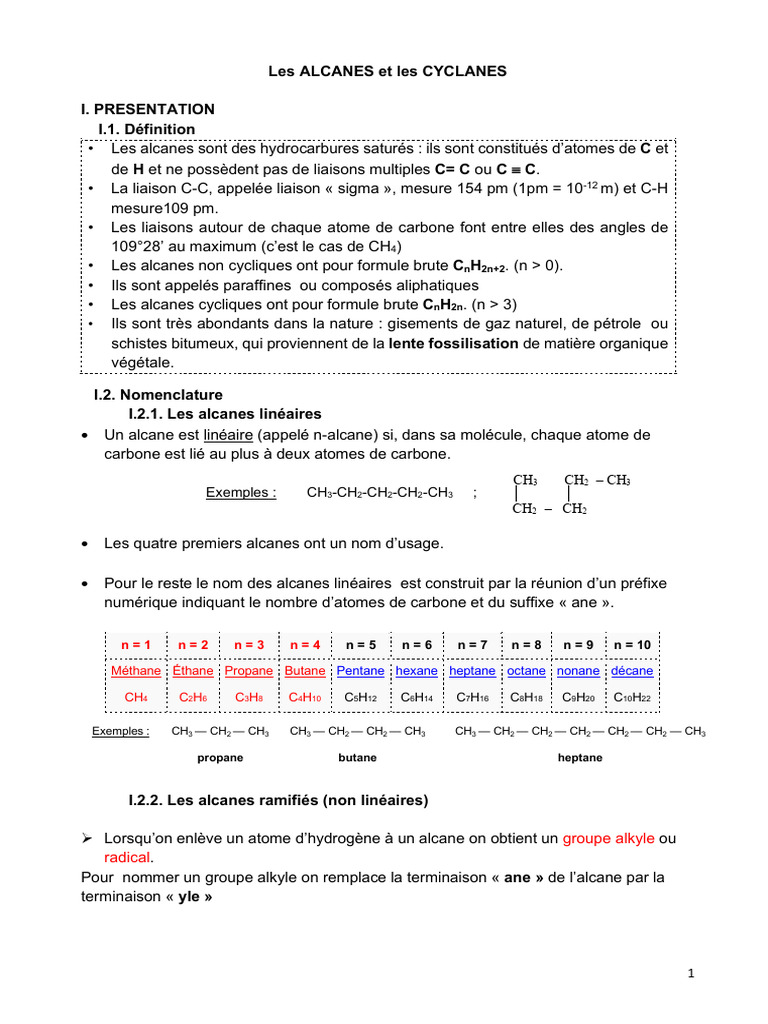 Alcanes et Cyclanes : Définitions et Nomenclature | PDF | Alcane ...