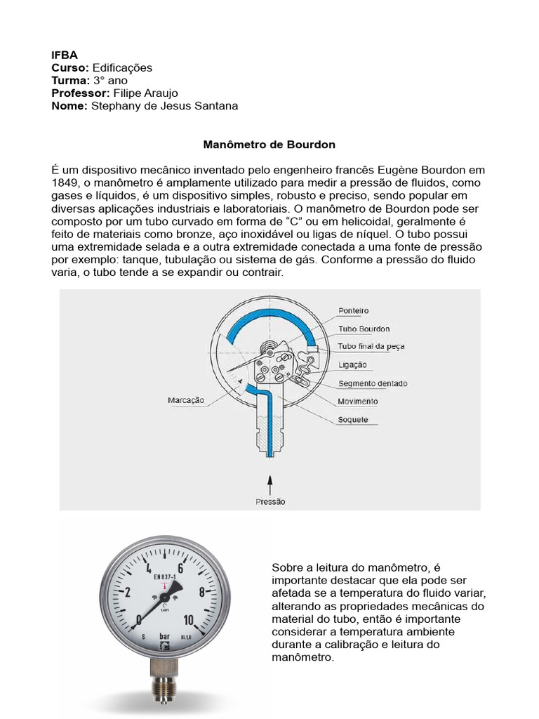 Manômetro de Bourdon: Tipos e Preços | PDF