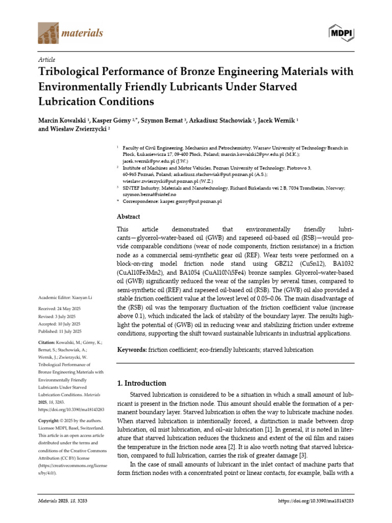 Tribological Performance of Bronze Engineering Materials With | PDF ...