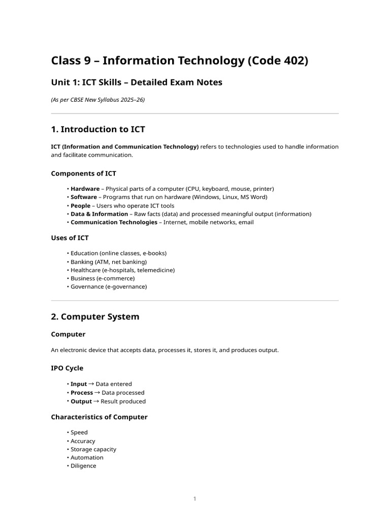 Class 9 ICT Exam Notes for CBSE 2025-26 | PDF | Graphical User ...