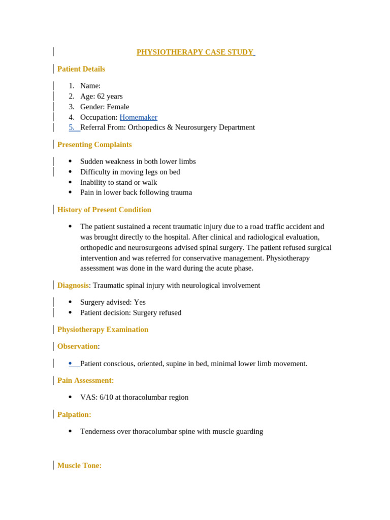 Paraparesis Physiotherapy Case Study | PDF | Human Leg | Spinal Cord Injury