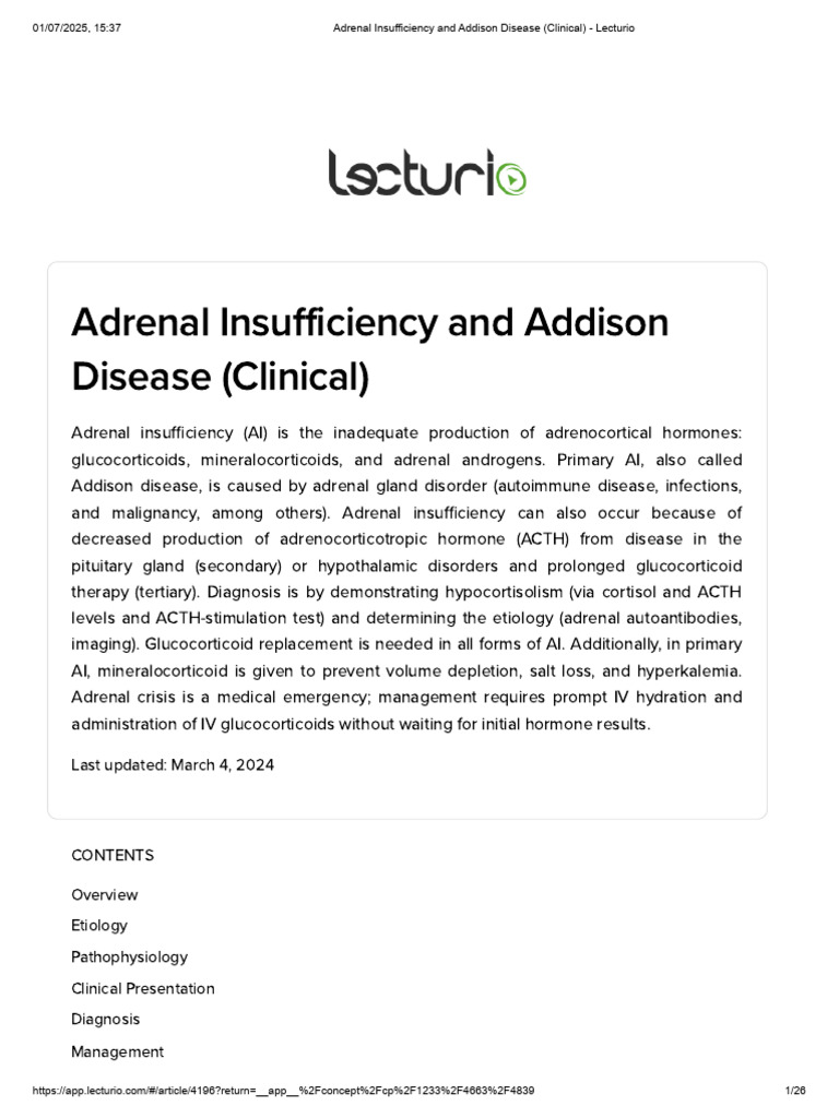 Adrenal Insufficiency and Addison Disease (Clinical) - Lecturio | PDF ...