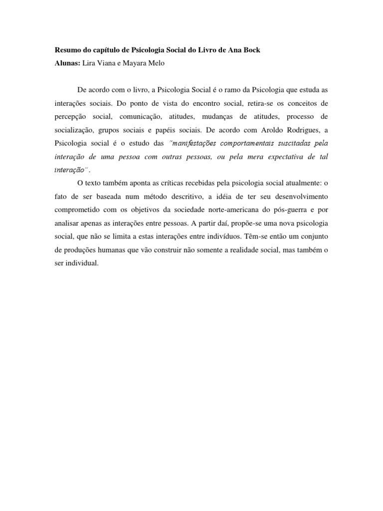 Resumo Do Capítulo de Psicologia Social Do Livro de Ana Bock | PDF