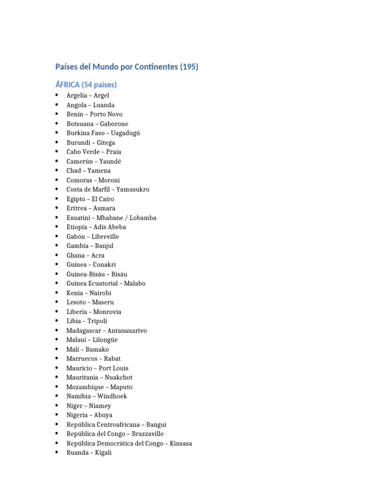 Lista de Países por Continentes | PDF | África | Américas