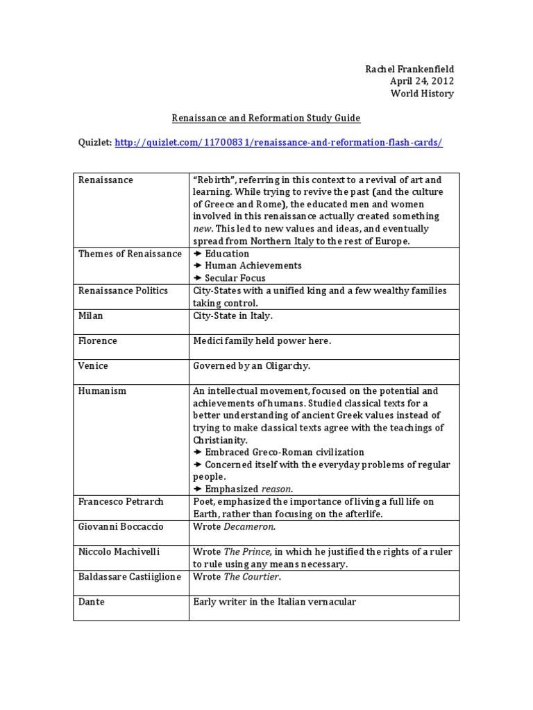 Renaissance and Reformation Study Guide | PDF | Renaissance | Martin Luther