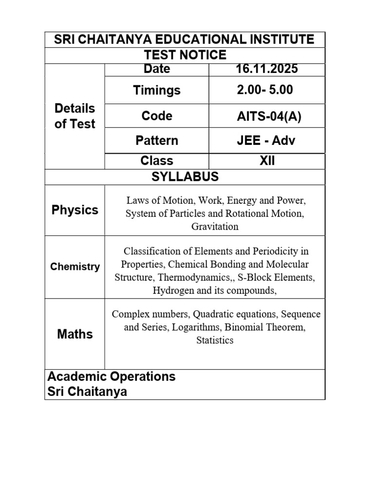 JEE Advanced Test Notice for Class XII | PDF