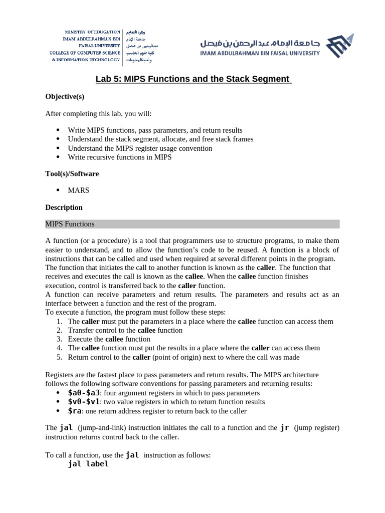 Lab5 - MIPS Functions and the Stack Segment | PDF | Pointer (Computer Programming) | Variable ...