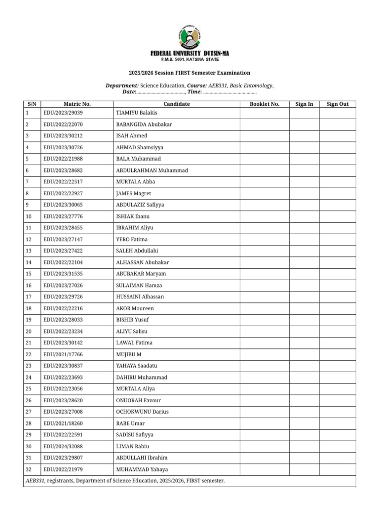 Exam Attendance Sheet AEB331 | PDF
